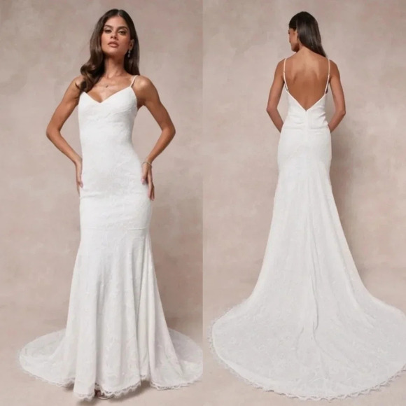 Lulus | Dresses | Lulus Flawless Extravagance White Lace Trumpet Hem ...